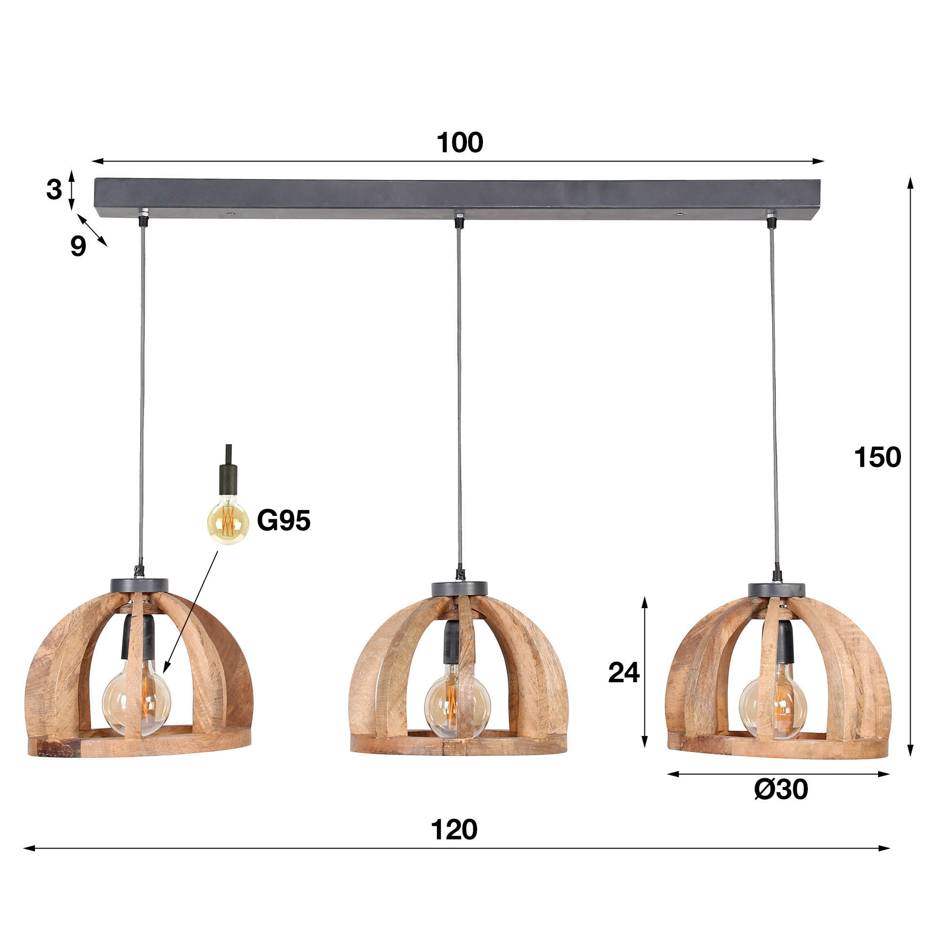Hanglamp 3x 30 gebogen houten spijlen / Massief mango naturel Online ...